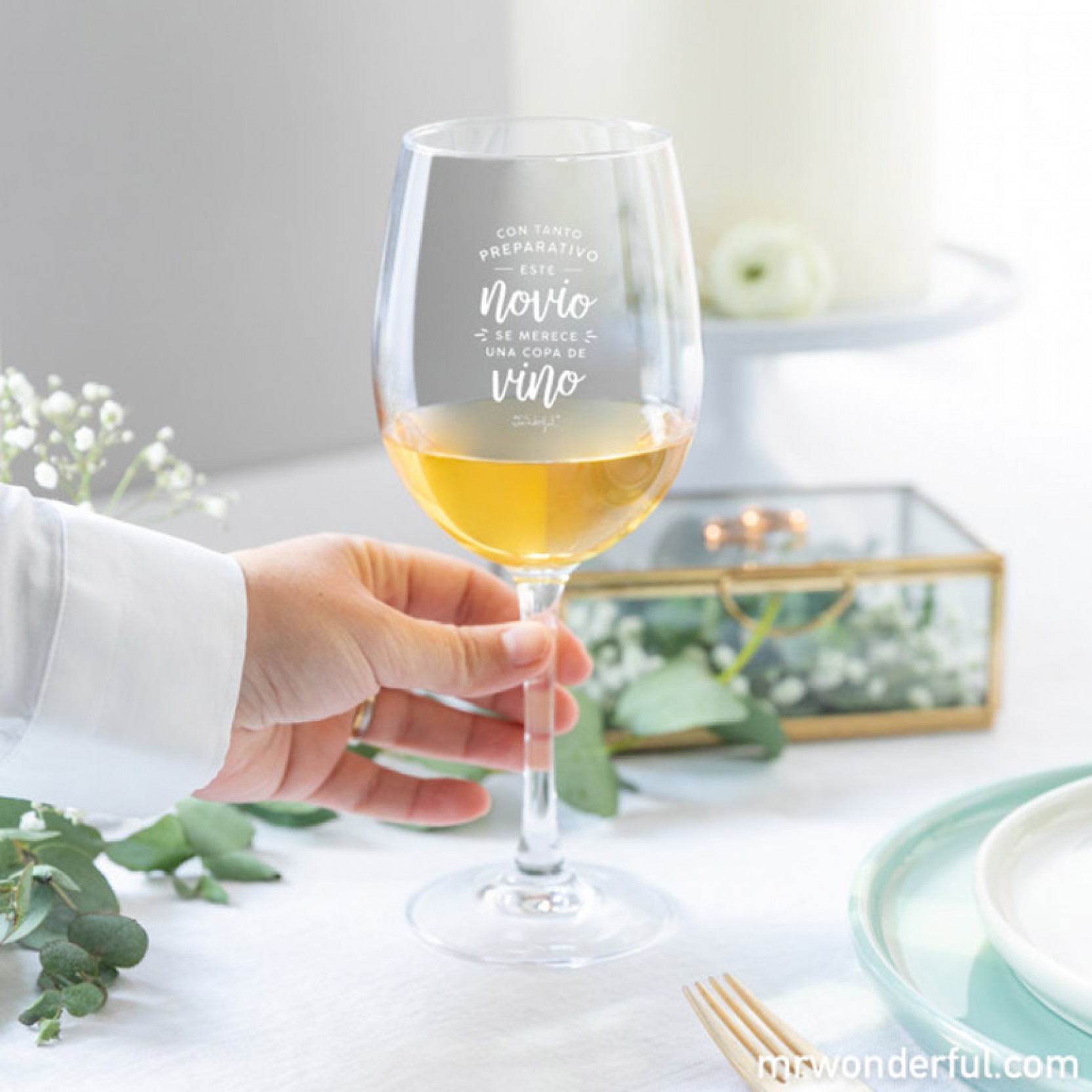 Copa de vino para novios con mensaje Mr Wonderful